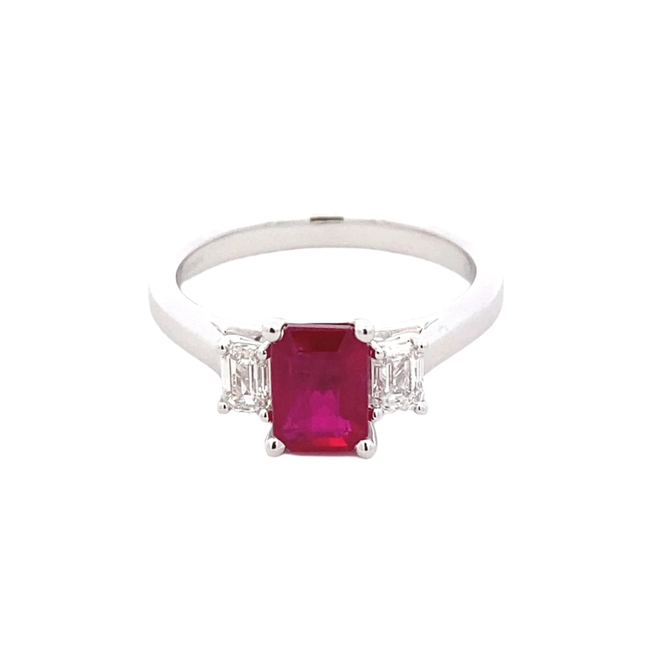 Octagonal shaped Ruby and emerald cut diamond 3 stone ring – Gardiner ...
