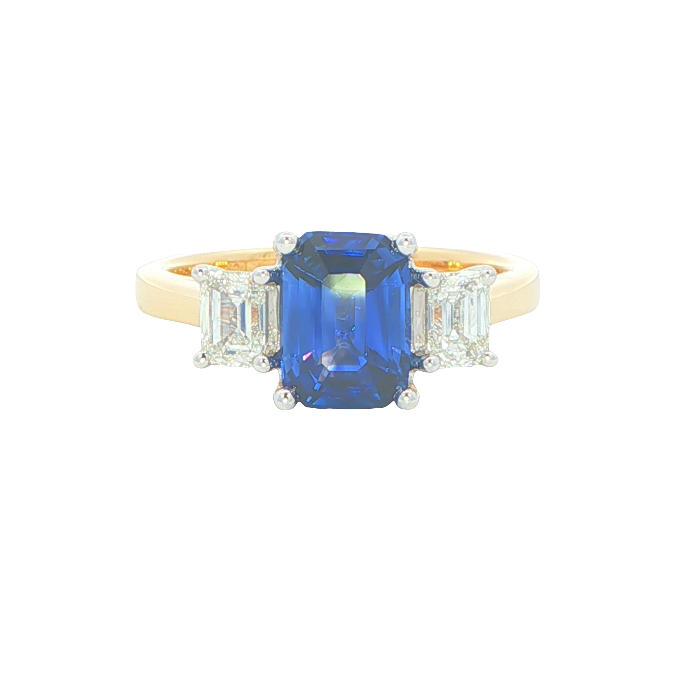 Octagonal shaped Sapphire and emerald cut diamond 3 stone ring ...